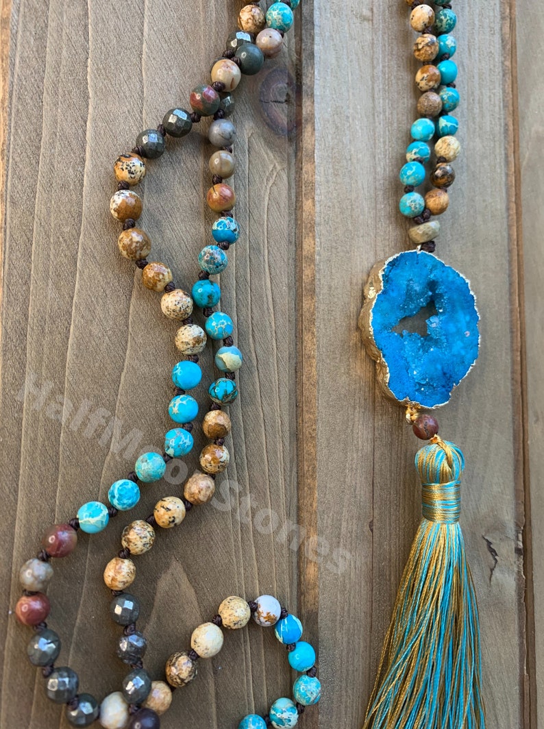 Druzy Jasper Necklace | Thread Mala Beads Necklace | Boho Jasper ...