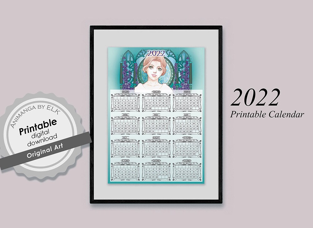2022 Anime Year Calendar, Manga Style Watercolor Illustration, Inspired ...