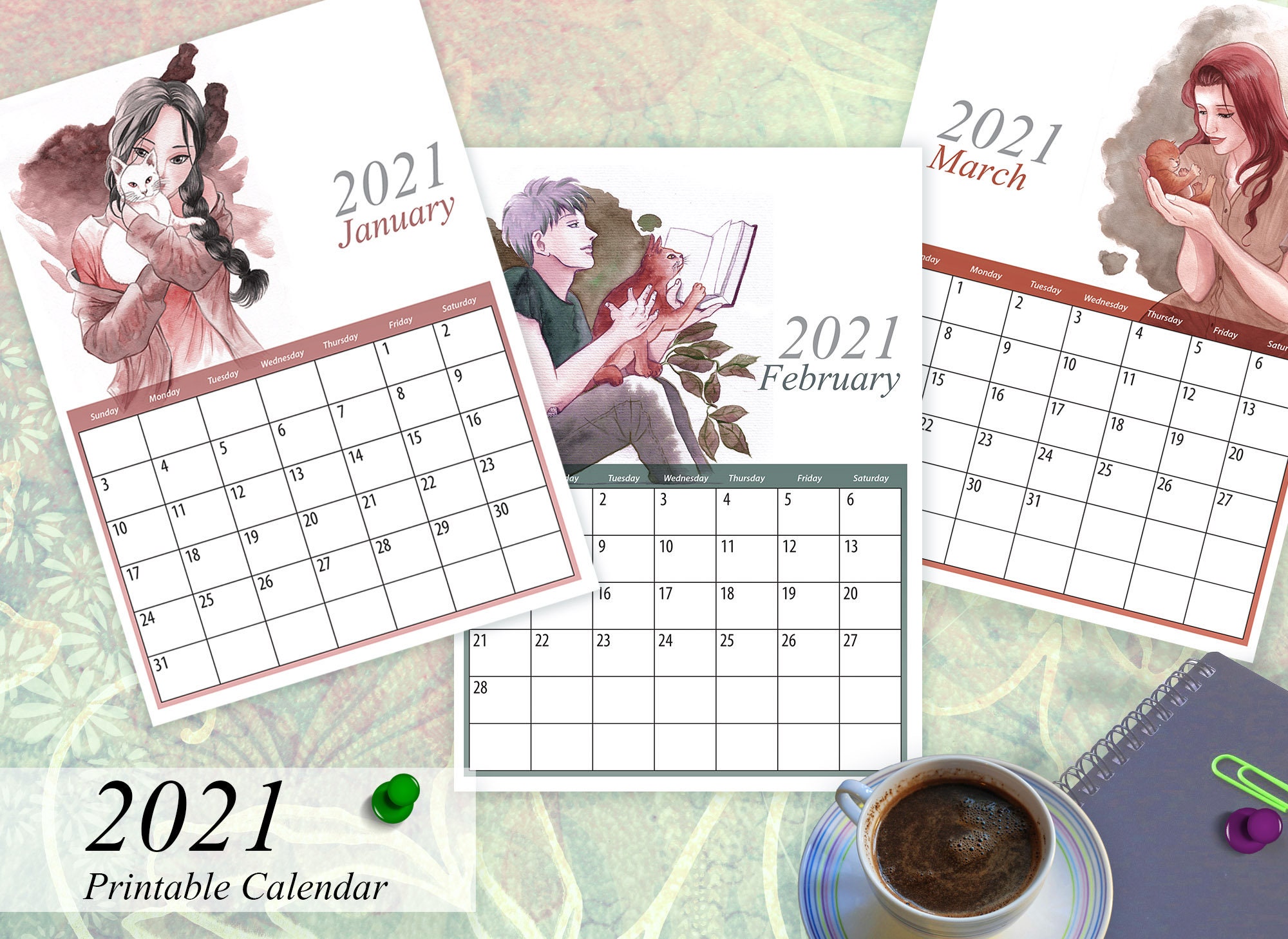 2021 Art Calendar Printable, Manga Anime Ilustrated Art, Watercolor Art ...