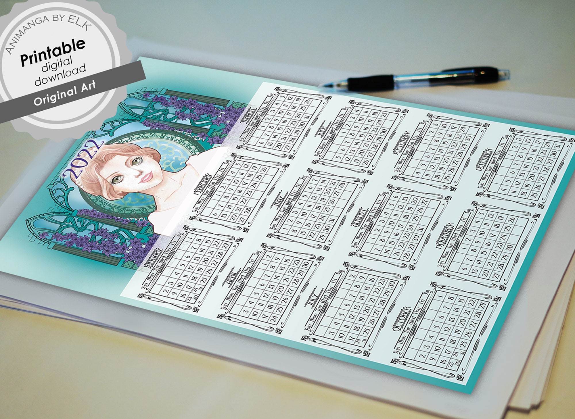 2022 Anime Year Calendar, Manga Style Watercolor Illustration, Inspired ...