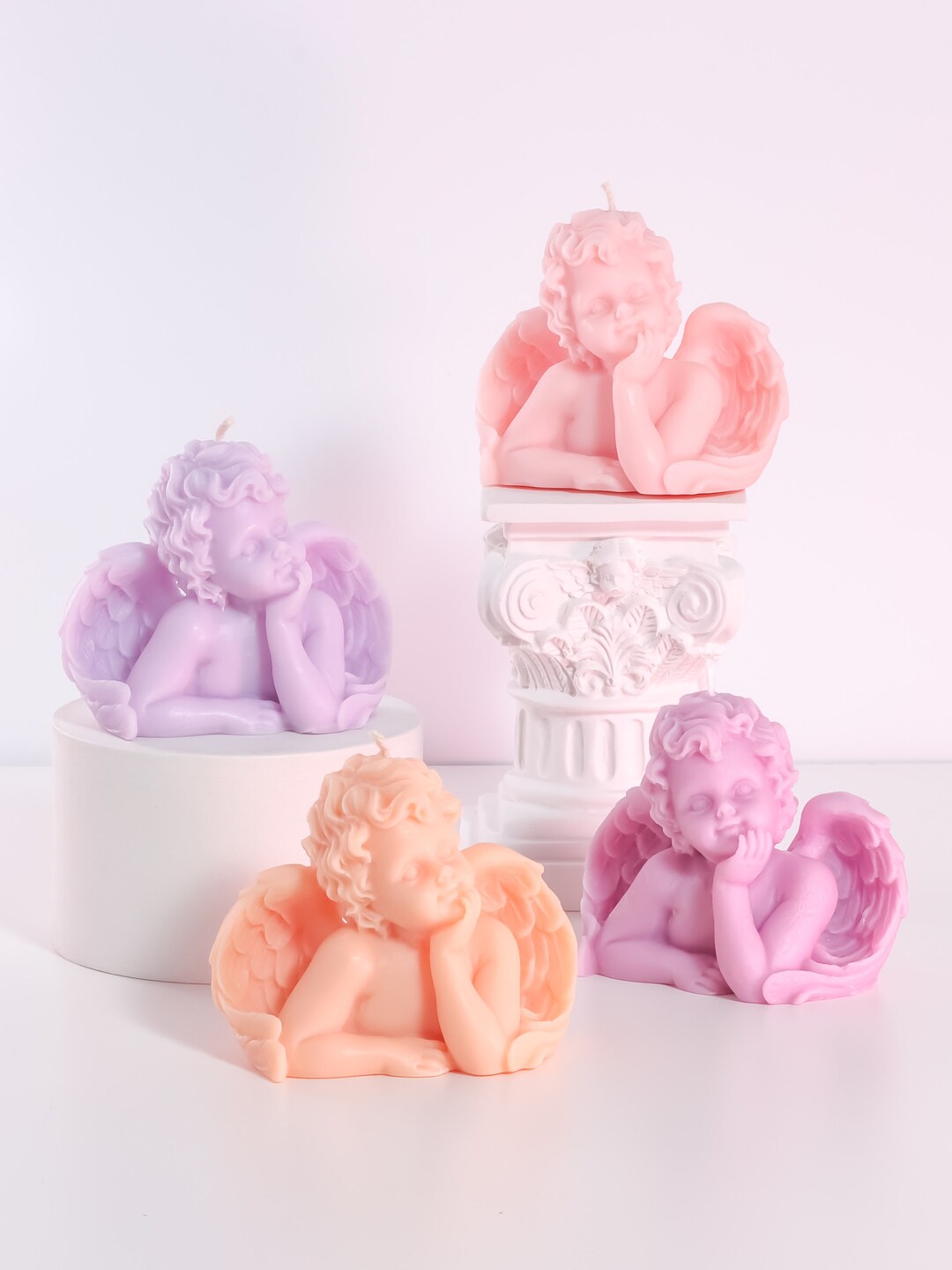 Thoughtful Cherub Candle, Angel Boy Candle, Pastel Home Decor, Pink ...