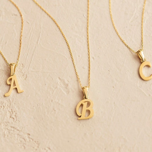 14K Solid Gold Initial Necklace Cursive Letter Pendant - Etsy
