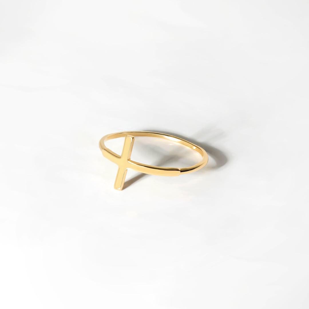 14k Solid Gold Sideway Cross Ring for Women Real Gold Cross Ring ...