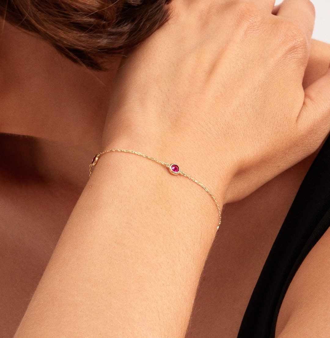 14K Solid Gold Ruby Station Bracelet July Birthstone - Etsy