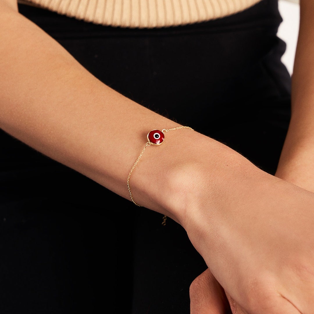 14K Gold Red Evil Eye Bracelet Protection Charm Bracelet Evil Eye Link ...