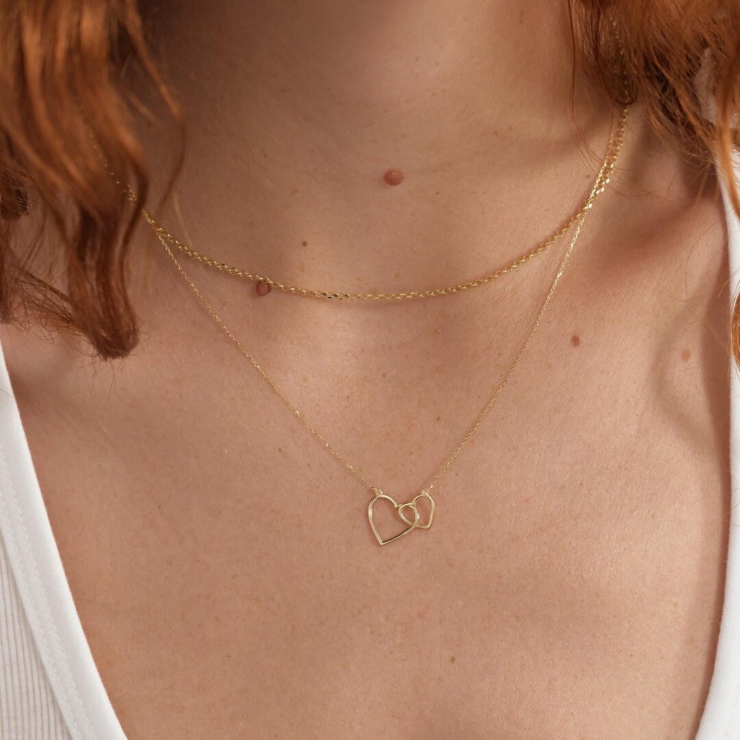 14K Solid Gold Interlocking Heart Necklace Intertwined Heart Necklace ...