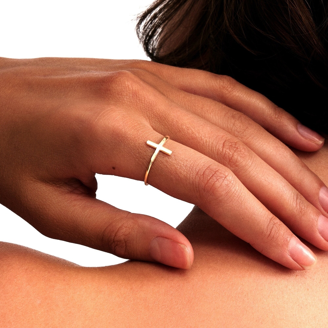 14k Solid Gold Sideway Cross Ring for Women Real Gold Cross Ring ...