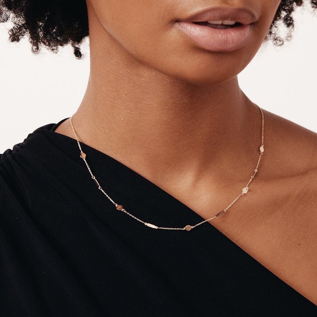 14K Solid Gold Disc Bar Station Necklace Multi Disc Necklace Dot Chain ...