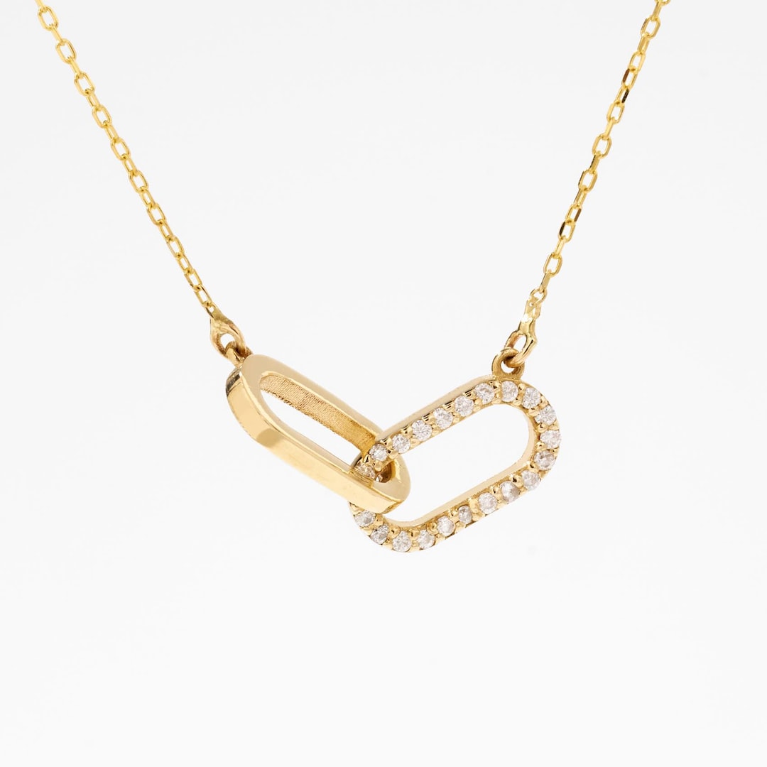 14K Solid Gold Diamond Interlocking Paperclip Necklace - Etsy