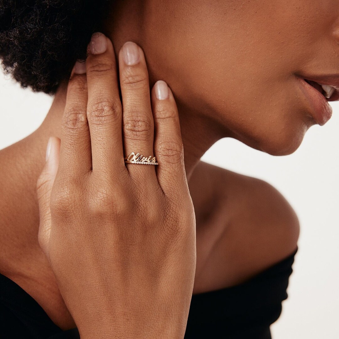 14K Solid Gold Diamond Cursive Font Name Ring for Women Personalized ...
