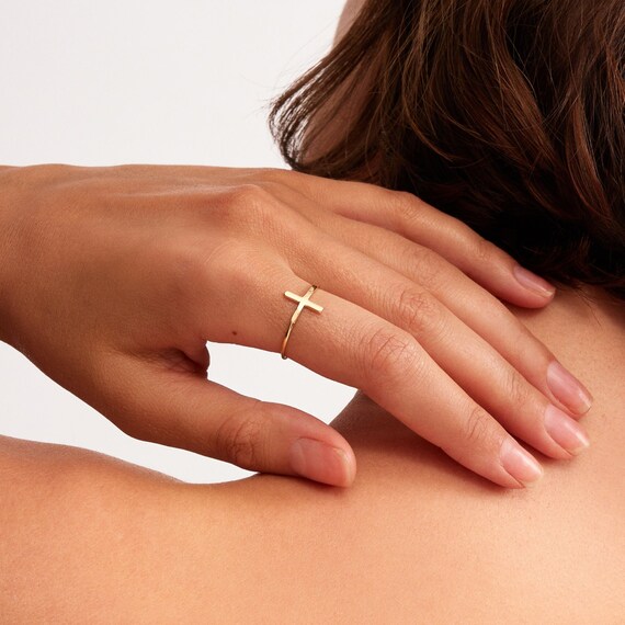 14k Solid Gold Sideway Cross Ring for Women Real Gold Cross - Etsy