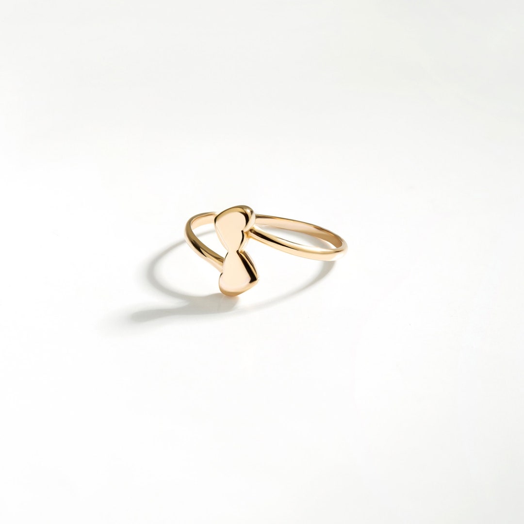 14K Solid Gold Double Heart Ring: Stackable Love Ring - Etsy