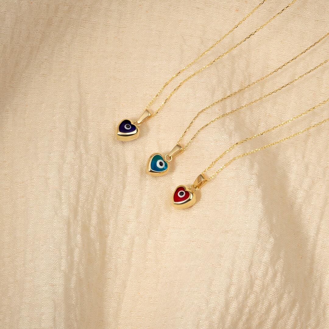 Evil Eye Necklace in 14k Solid Gold Heart Evil Eye Pendant Protection ...
