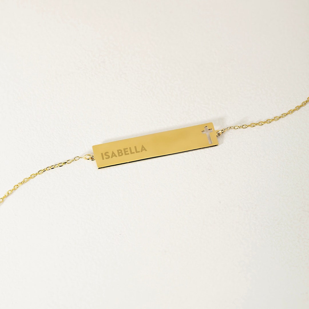 14K Solid Gold Personalized Engraved Bar Bracelet Cross Pierced Bar ...