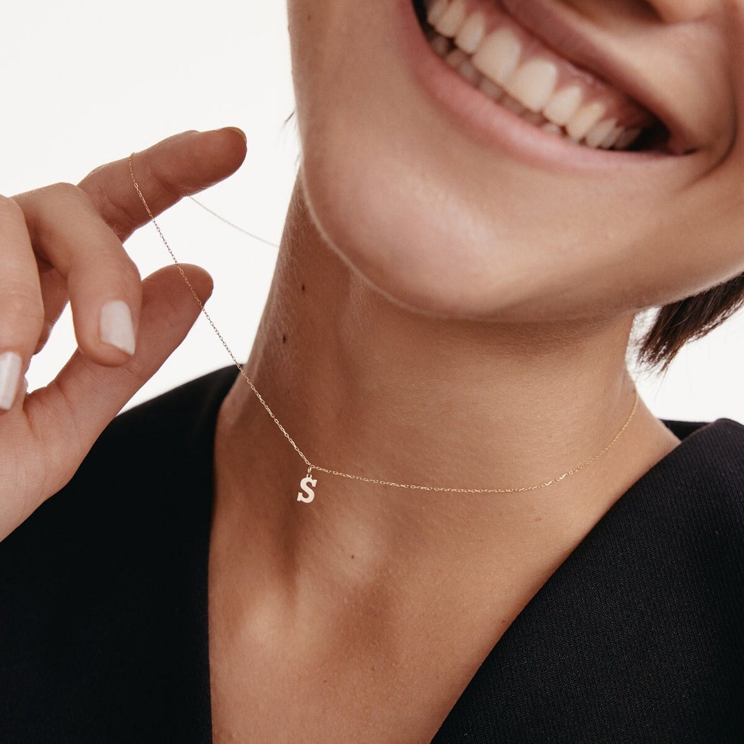 Personalized Script Letter Necklace in 14K Solid Gold Dainty Initial ...