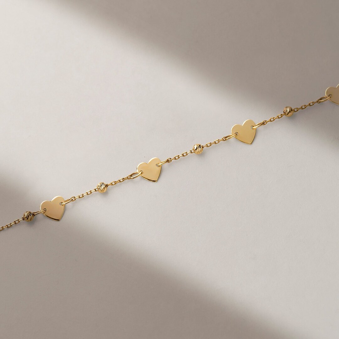 14k Solid Gold Heart Station Bracelet Multi Heart Bracelet heart Shaped ...