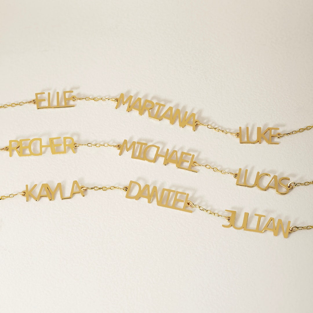 14K Solid Gold Personalized Three Names Bracelet | 14K Real Gold Family ...