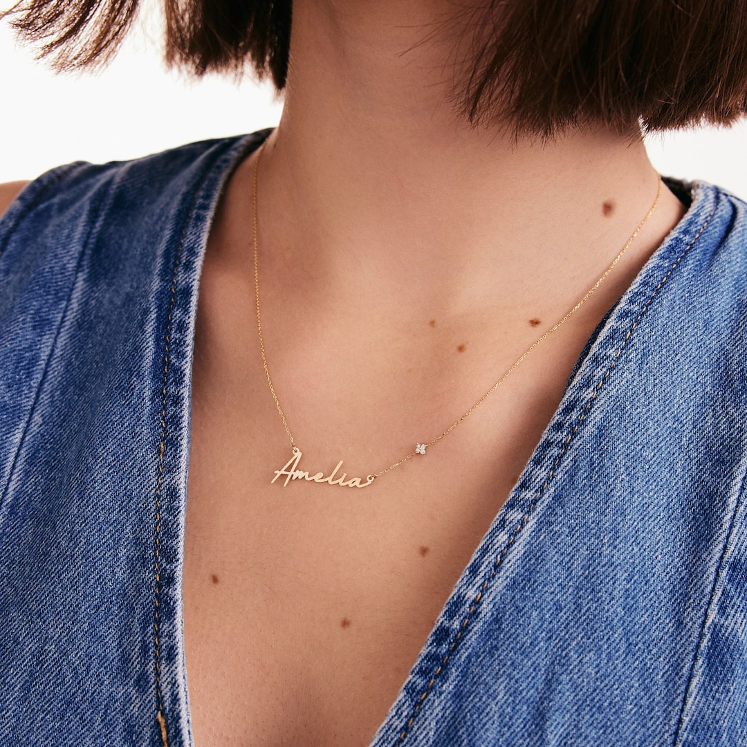 Diamond Flower Name Necklace in 14K Solid Gold Custom Cursive Name ...
