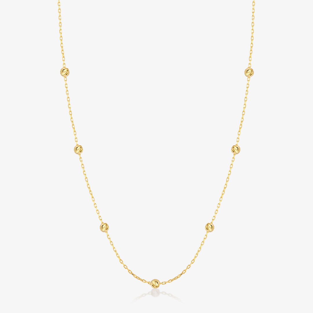 14k Solid Gold Bead Station Necklace: Delicate Ball Pendant - Etsy