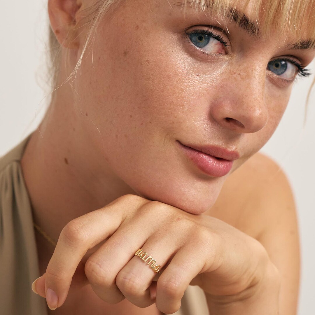 14K Solid Gold Mama Script Ring for Women | Real Gold Stacking Ring | Mother's Jewelry | Mother ...