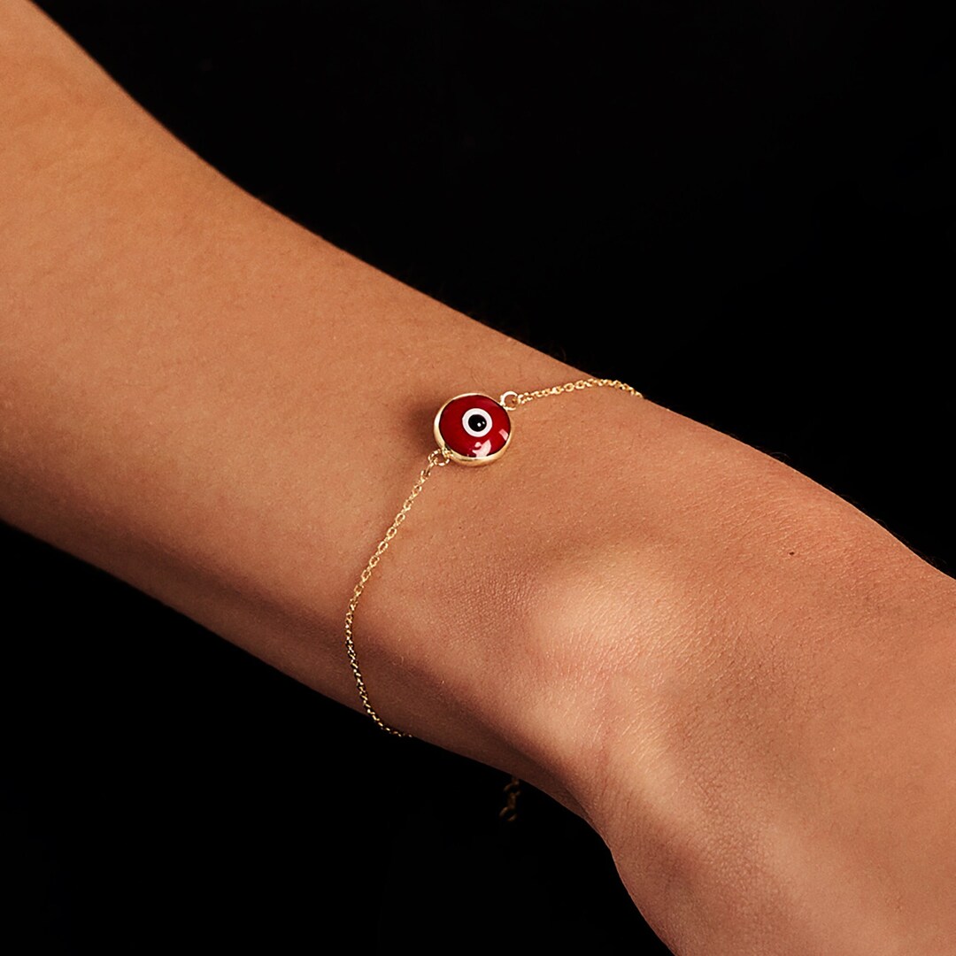 14K Gold Red Evil Eye Bracelet Protection Charm Bracelet Evil Eye Link ...