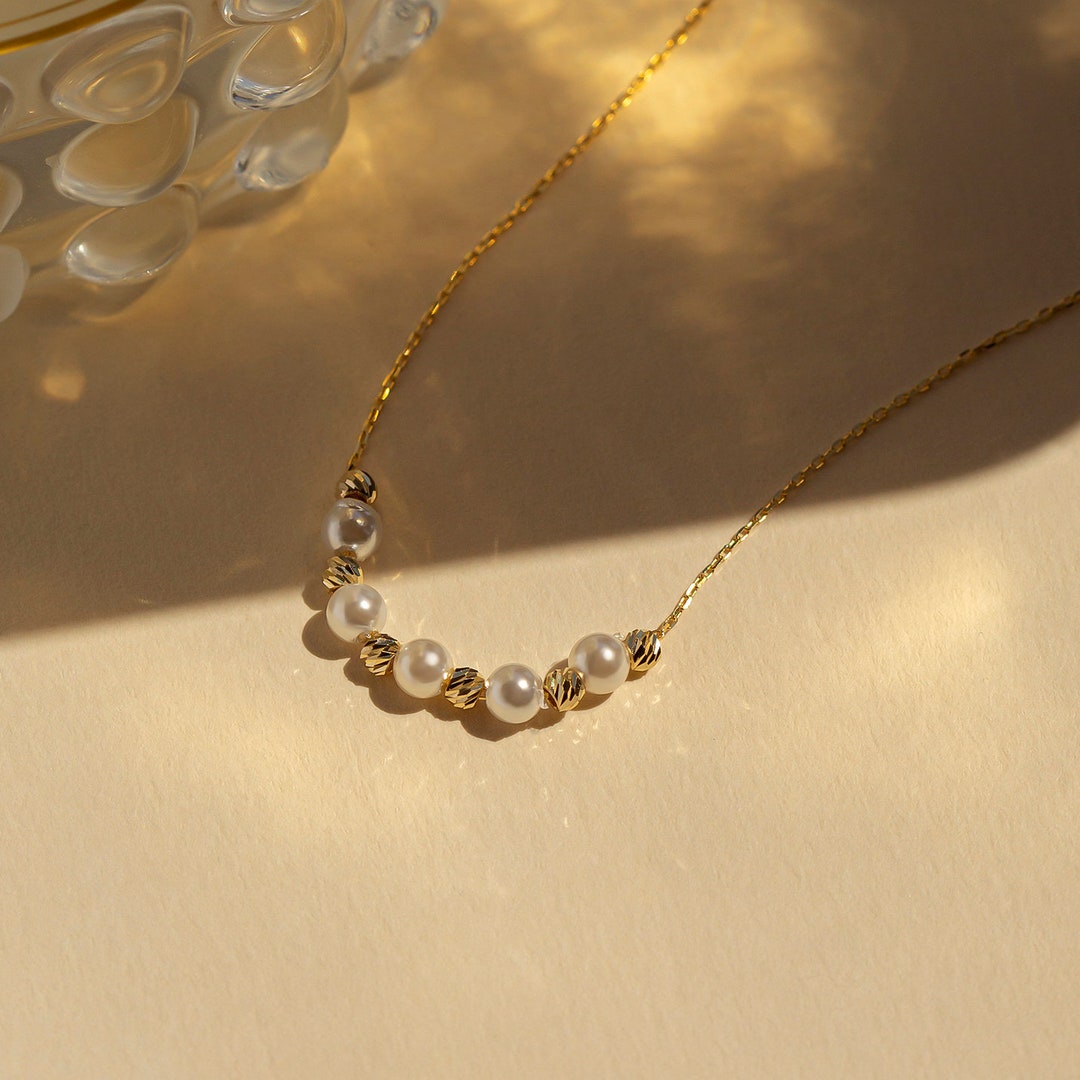 14K Real Gold Pearls and Beads Station Necklace / Pearl Spheres ...