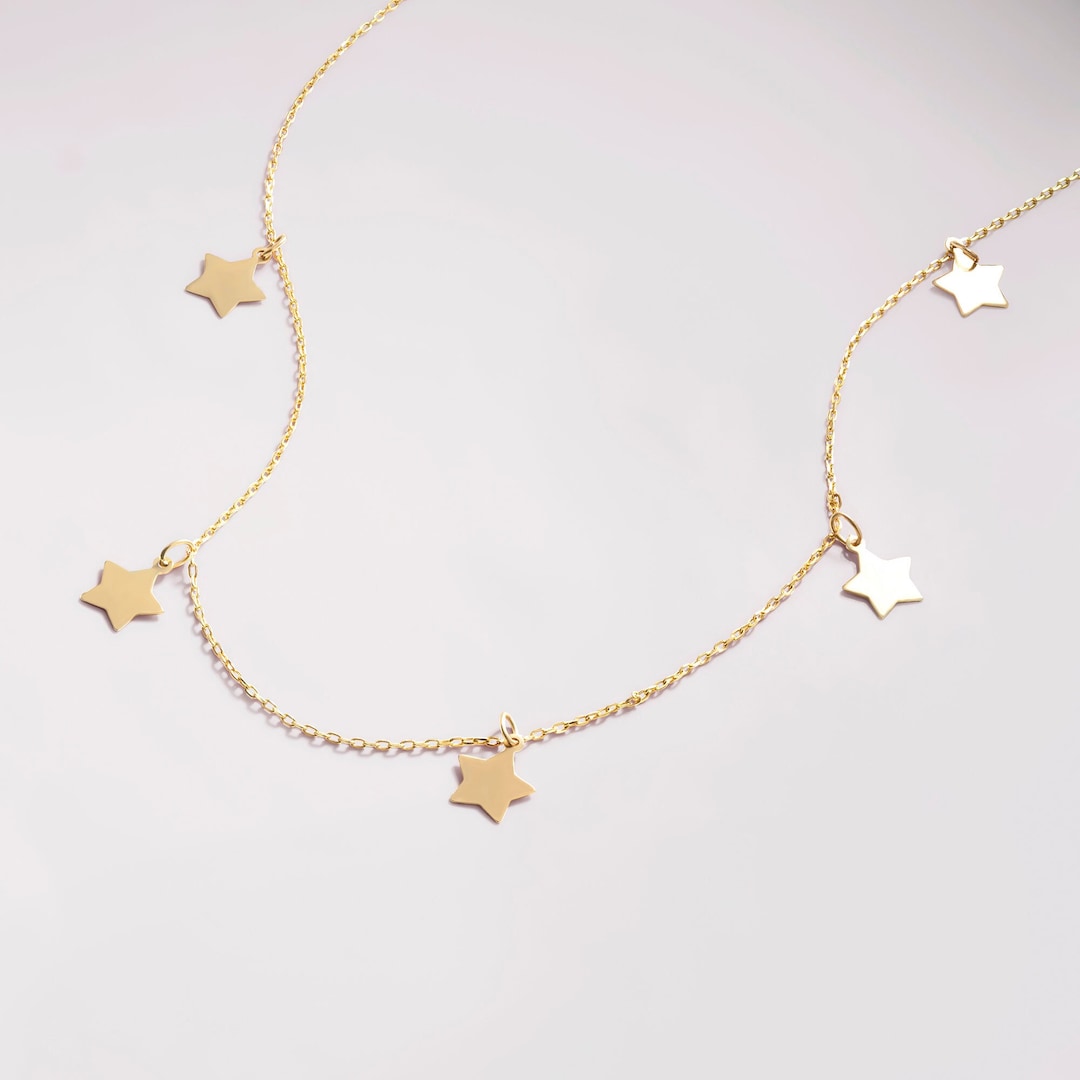 Multi Stars Station Necklace in 14k Solid Gold for Women Celestial Star ...