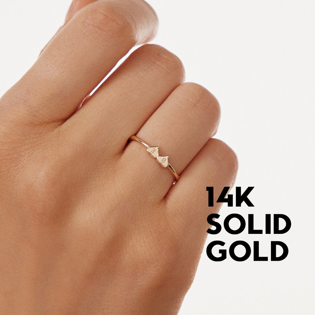 14K Solid Gold Personalized Initial Ring | Engraved Double Heart Ring ...