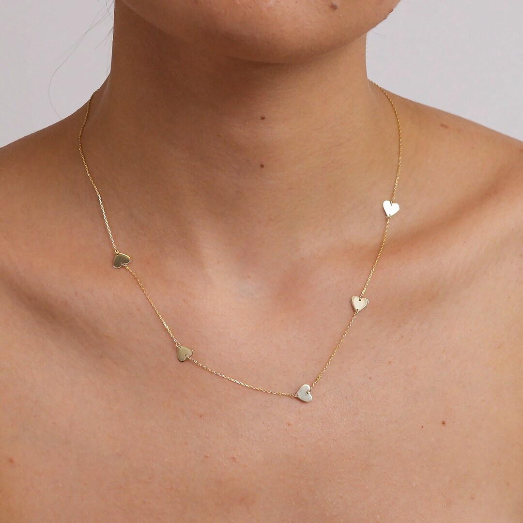 Multi Hearts Station Necklace in 14k Real Gold for Women - Gold Heart ...