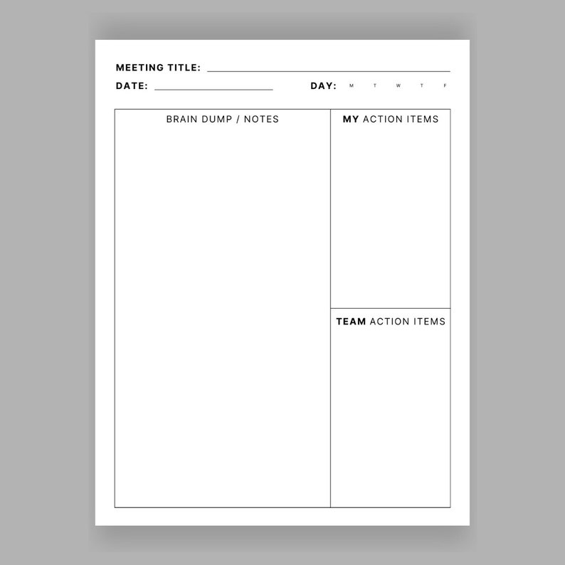 Printable Work Meeting Notes Organizer, Business Meeting Notes, Action ...
