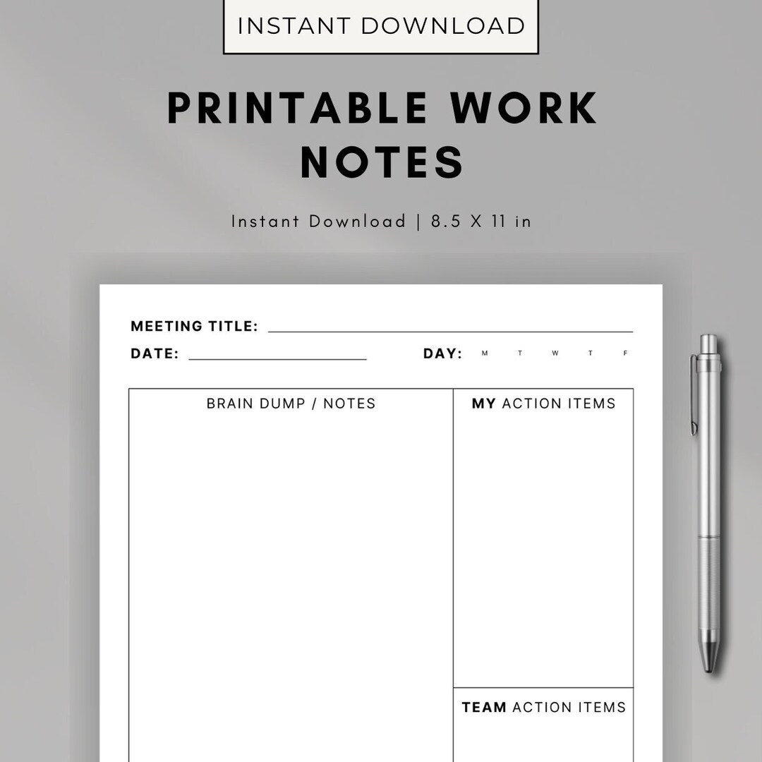 Printable Work Meeting Notes Organizer, Business Meeting Notes, Action ...