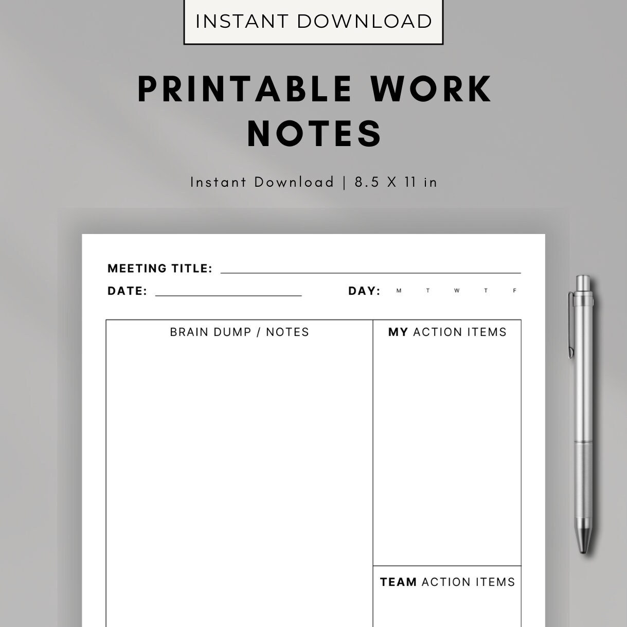 Printable Work Meeting Notes Organizer, Business Meeting Notes, Action ...
