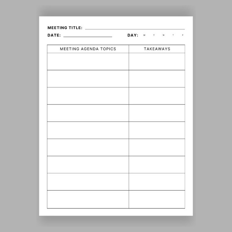 Printable Work Meeting Notes Organizer, Business Meeting Notes, Action ...