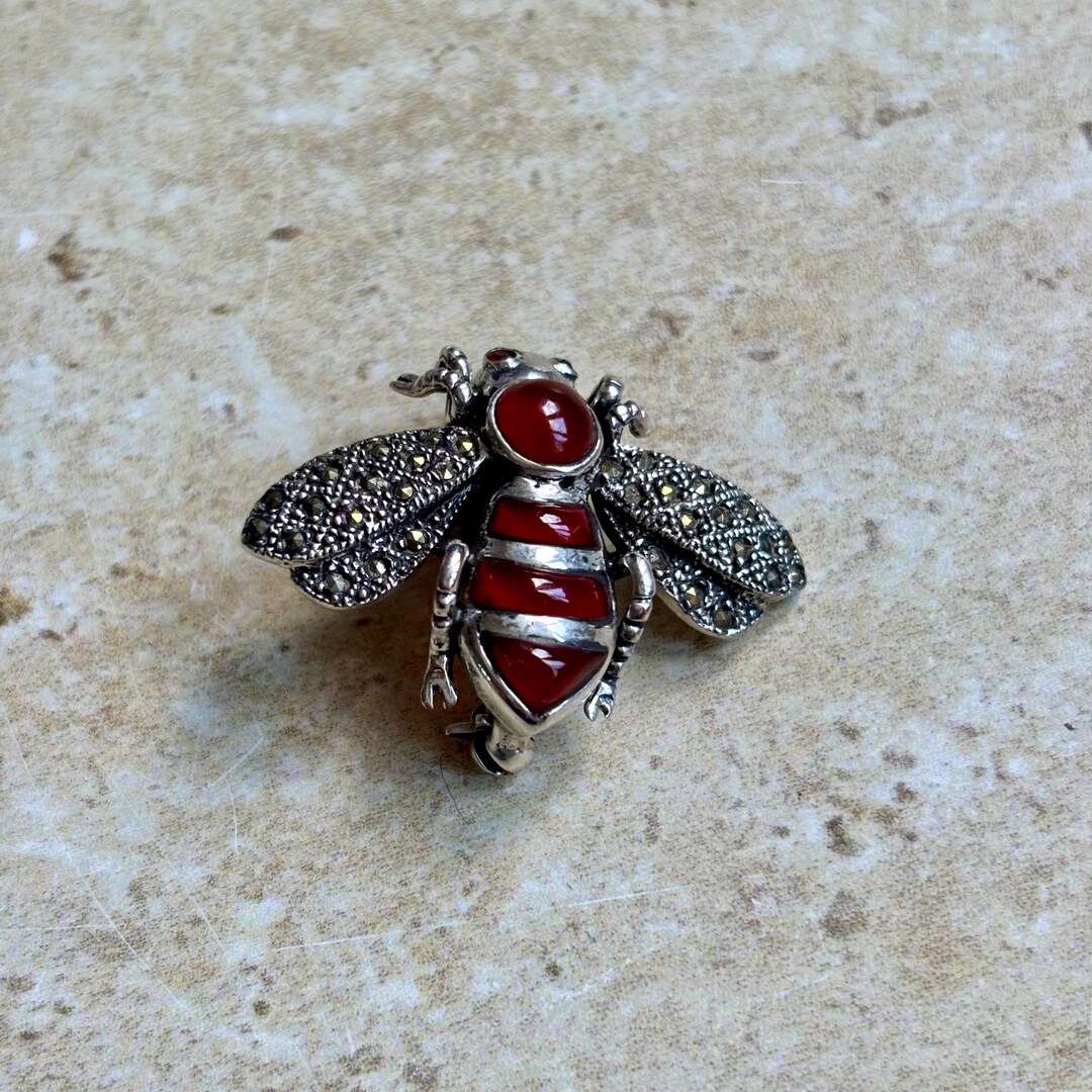 Vintage Sterling Silver Marcasite and Amber Bee Brooch - Etsy