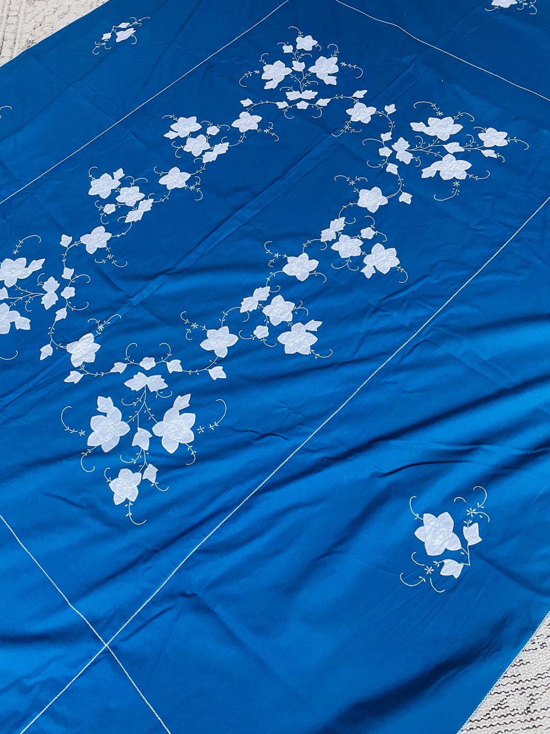 Large Blue and White Appliqué Embroidered Tablecloth - Etsy