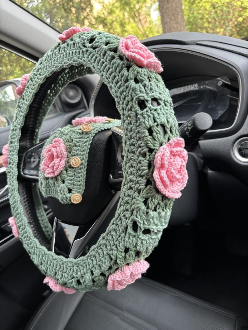 Crochet Roses Steering Wheel Cover: Car Interior Decor Set - Etsy
