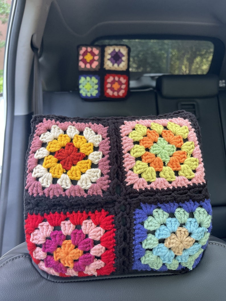 Crochet Granny Square Car Headrest Cover: Colorful Auto Accessory - Etsy