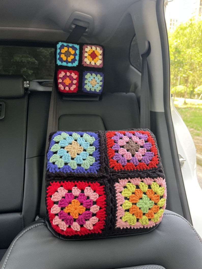 Crochet Granny Square Car Headrest Cover: Colorful Auto Accessory - Etsy