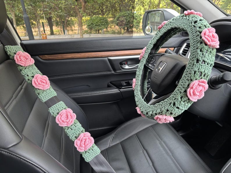 Crochet Roses Steering Wheel Cover: Car Interior Decor Set - Etsy