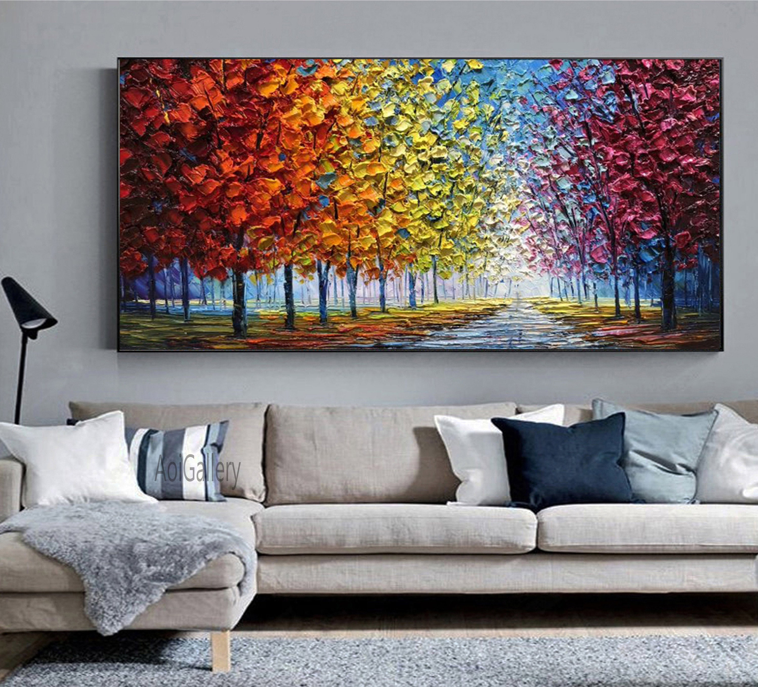 Large Original Tree Oil Painting on Canvas, Colorful Forest Autumn ...