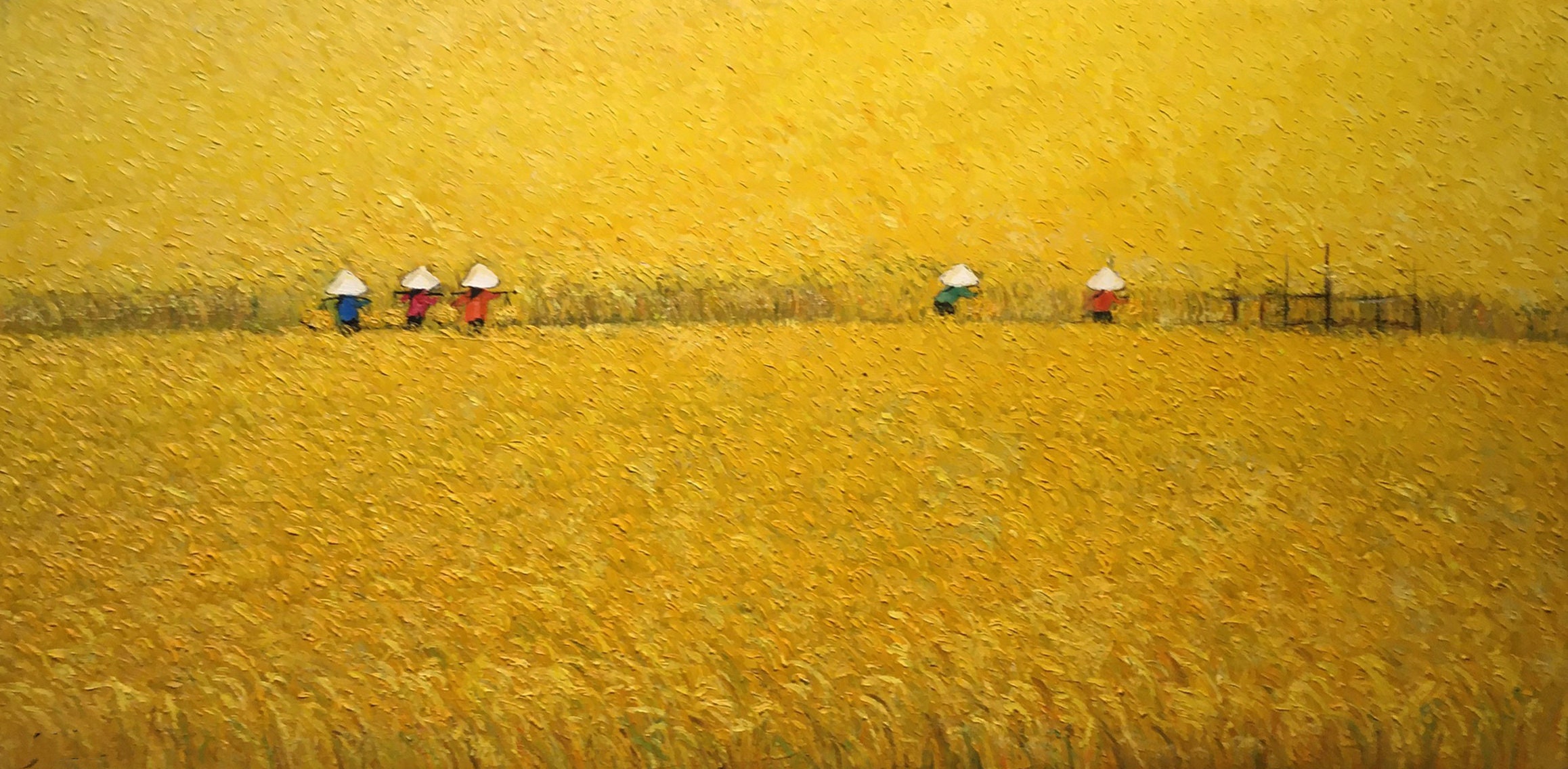 Rice Paddy Field Painting, Rich Harvesting Season Painting, Vietnamese ...