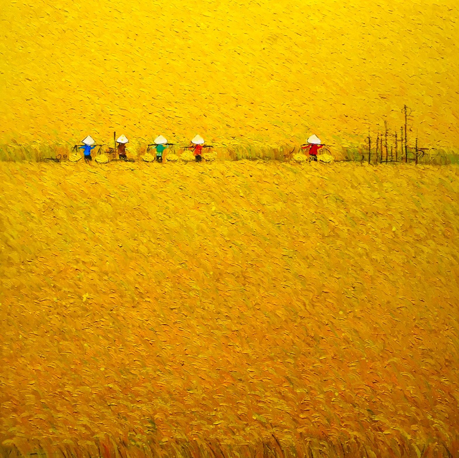 Rice Paddy Field Harvesting Season Painting, Vietnamese Farmers at Work ...
