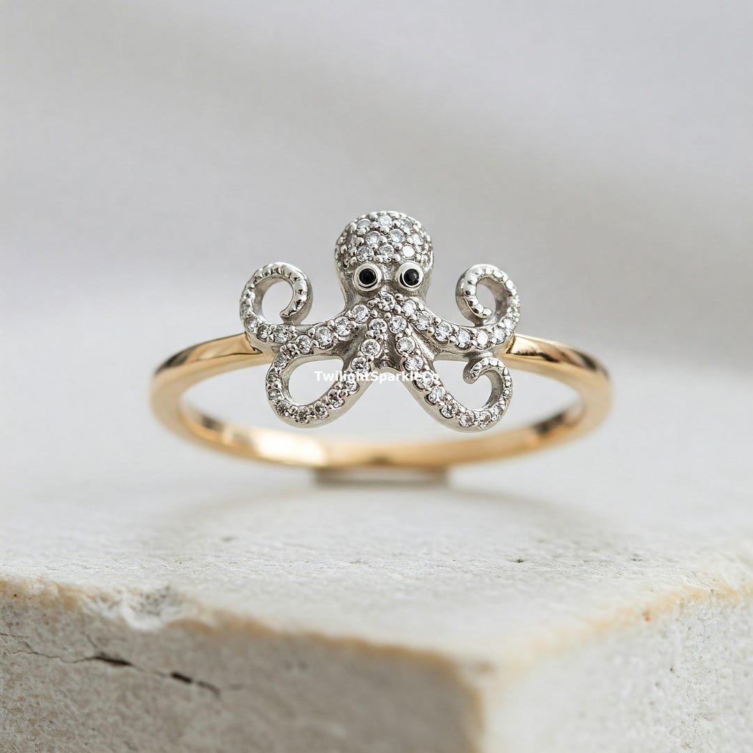 Two Tone Dainty Octopus Diamond Ring, Round Cut Moissanite Beach Lover ...