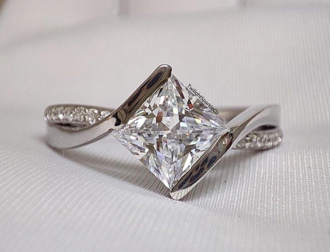 Swirl Bypass Princess Cut Moissanite Engagement Ring, Solitaire With ...