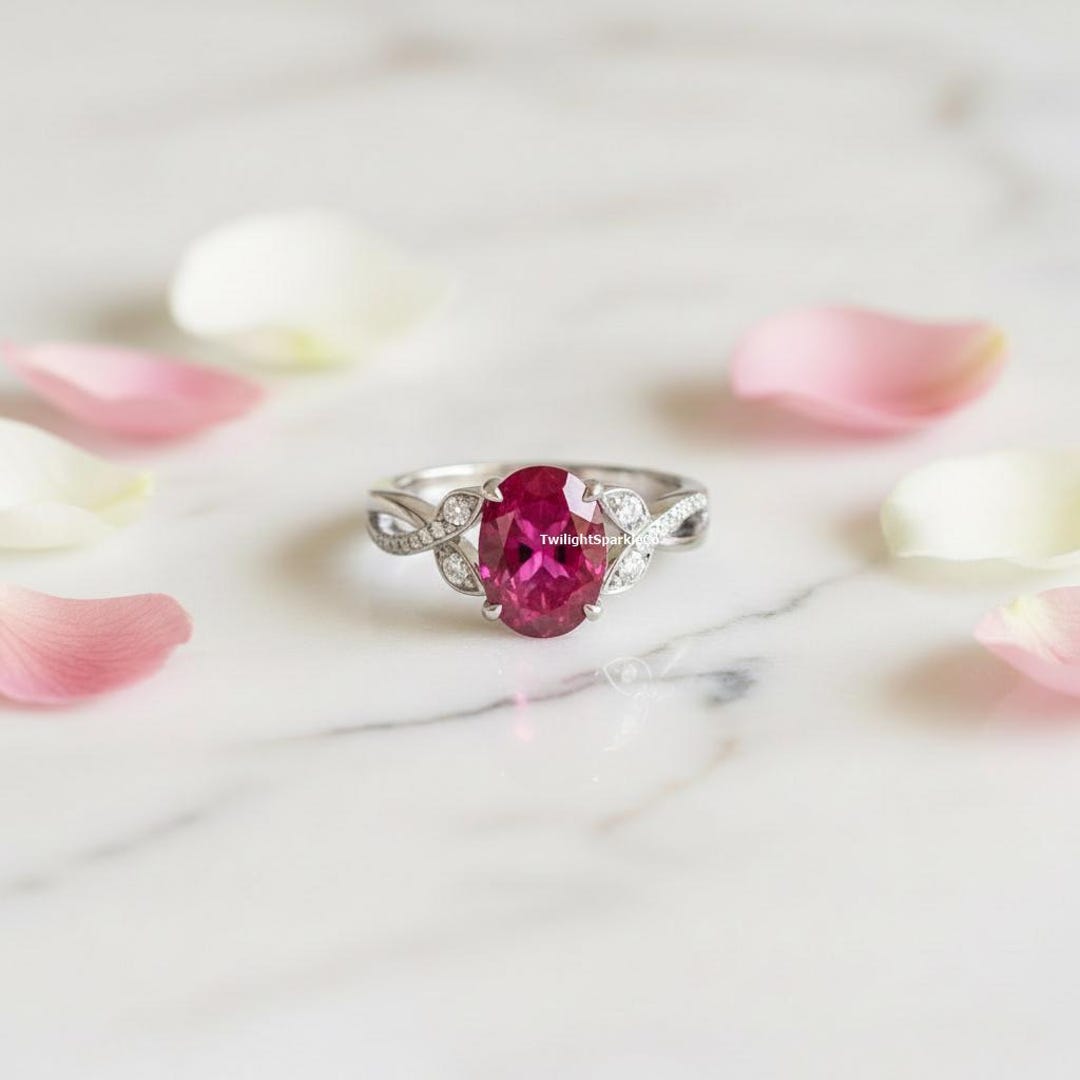 Pink Ruby Oval Cut Diamond Ring, Leaf Inspired Engagement Ring, Criss ...
