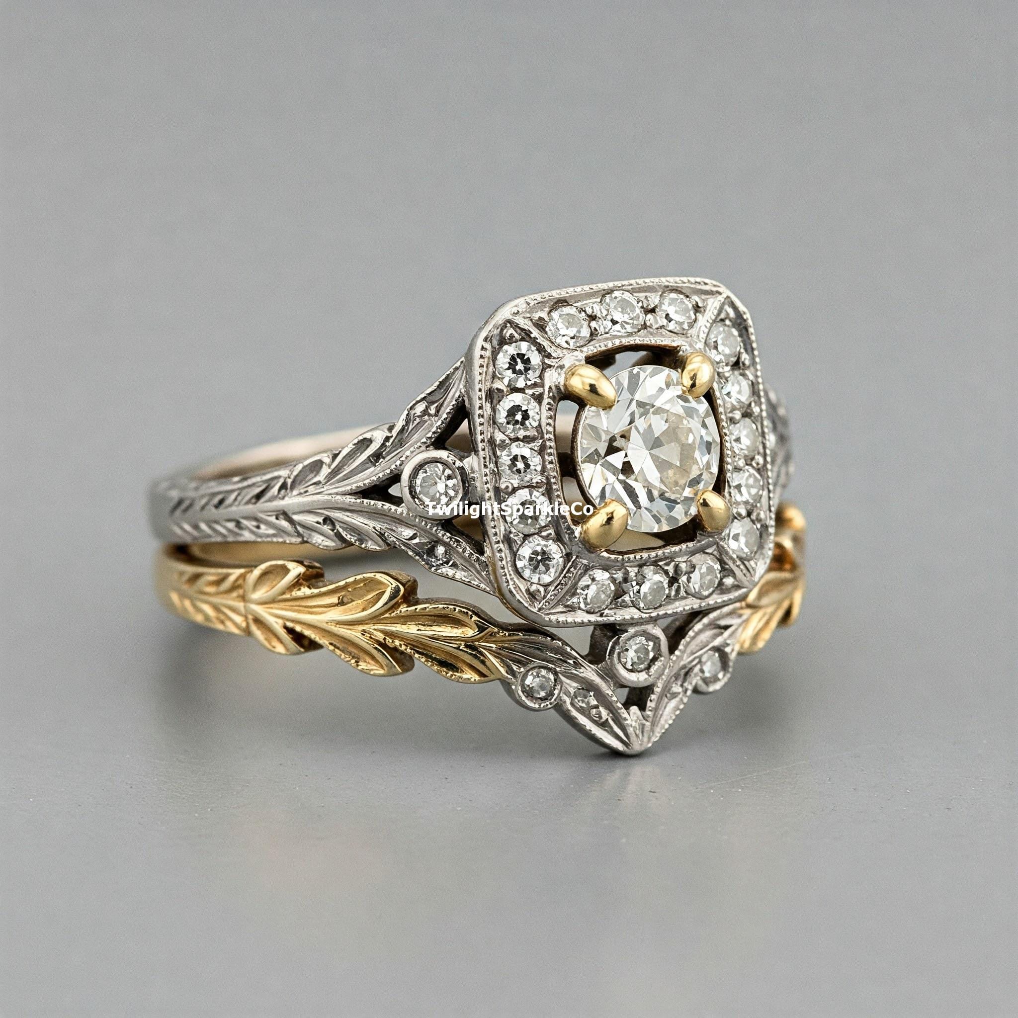 Two Tone Antique 1920s Art Deco Vintage Bridal Ring Set, Milgrain ...