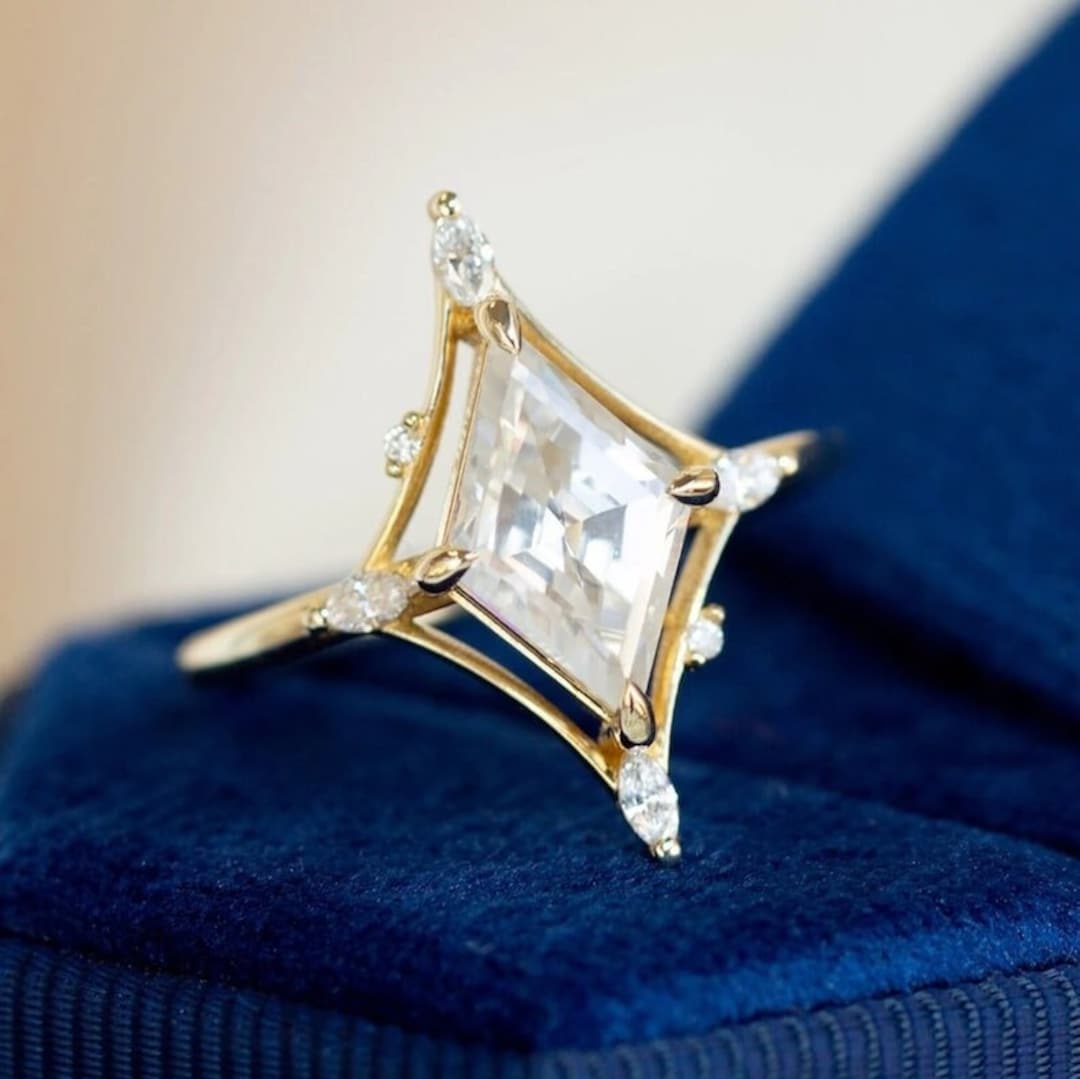 Vintage Style Unique Wedding Ring, Lozenge & Marquise Cut Moissanite ...