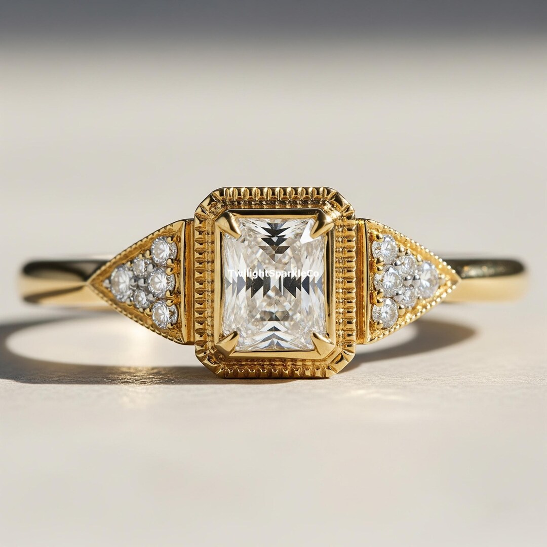 Vintage Art Deco Wedding Ring, Bezel Set Milgrain Ring, Radiant & Round ...