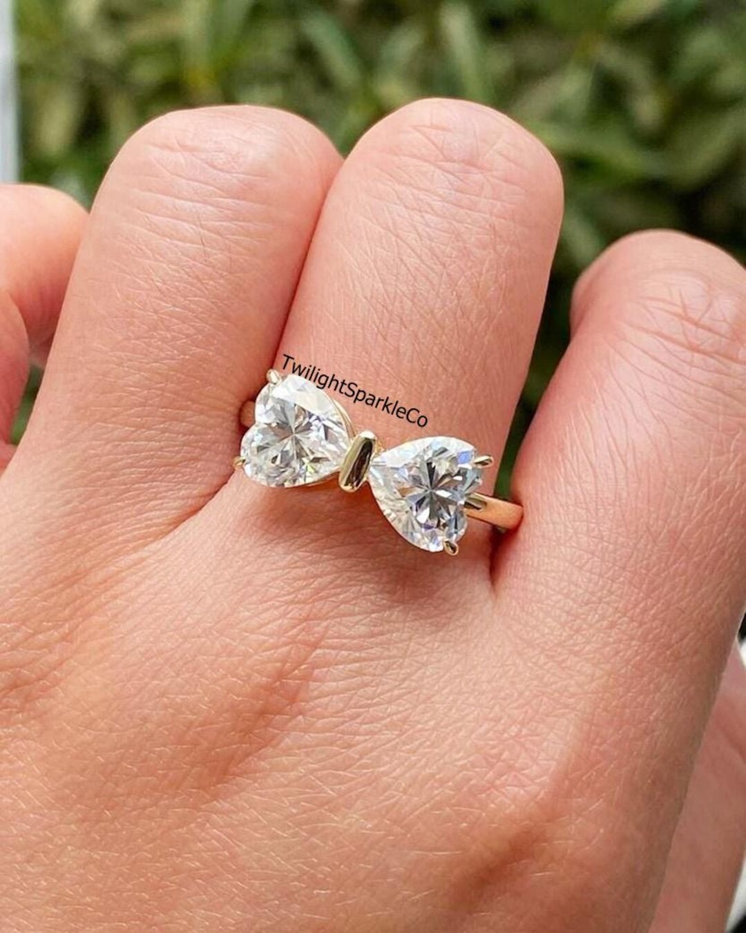 Double Heart Cut Moissanite Bow Engagement Ring, Two Stone Heart Shape ...