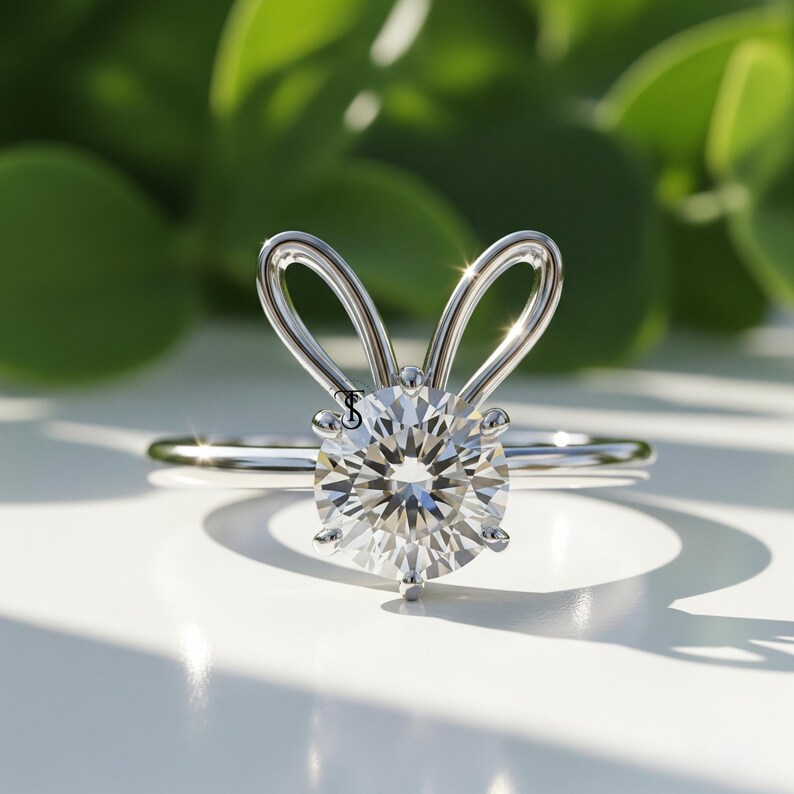 Solitaire Cute Bunny Ring, Rabbit Ring, Round Cut Moissanite Birthday ...
